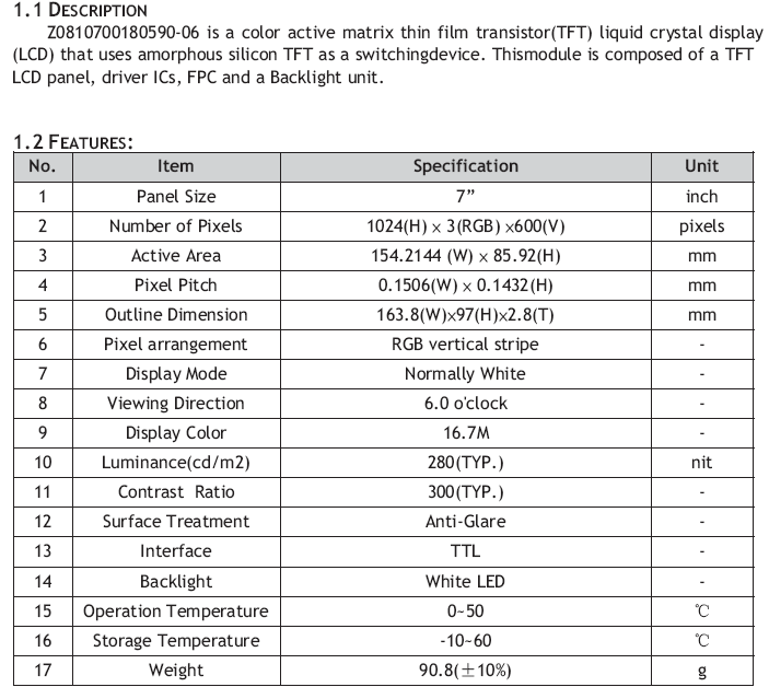 Z0810700180590-06 7寸TN液晶模组1024*600, 280亮度, 50pins TTL接口 | 深圳星科光电技术有限公司