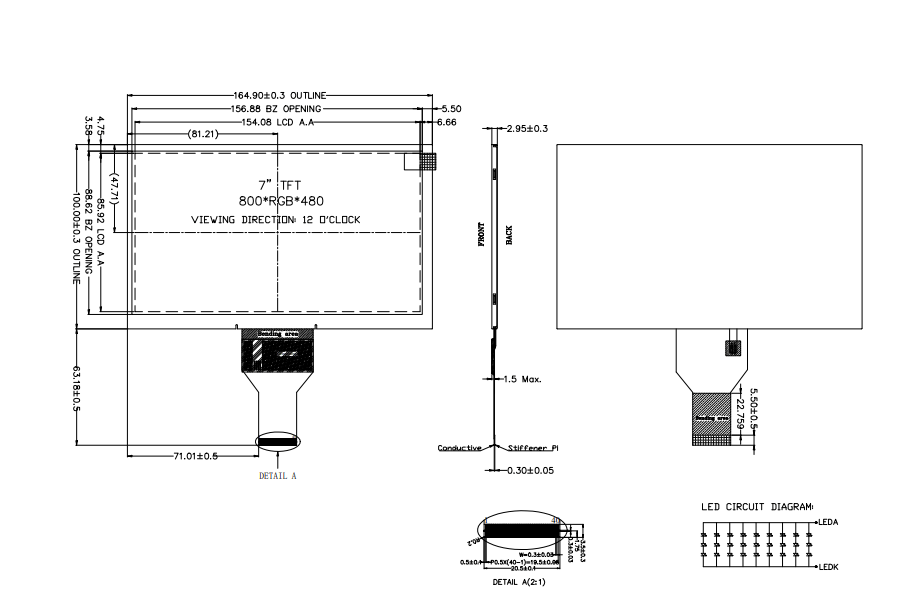 XH-T070SWH-02 7-inch 800 * 480 TFT LCD module 500nits, 40pins RGB, wide ...