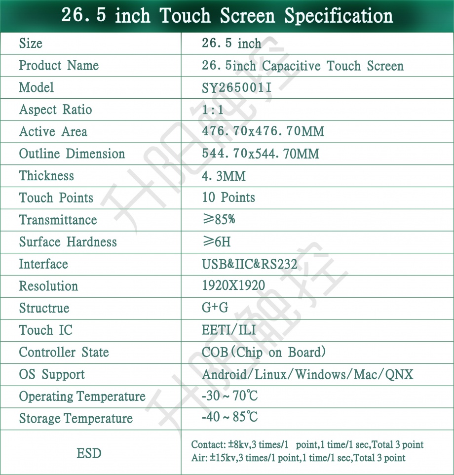 SY265001I 26.5寸正方形电容屏 G+G 多点触摸 USB/I2C 游戏机电容屏 酒店医院金融地产指示牌电容屏 匹配LM265SQ1 ...