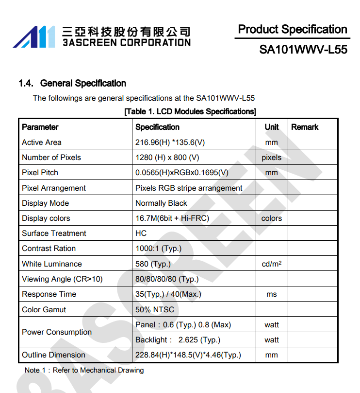 SA101WWV-L55 10.1"HDLCD IPS Hard Screen 580 Brightness 1920x800 ...