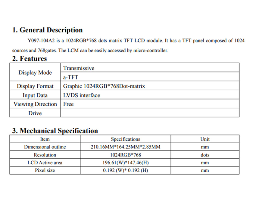 Y097-104A2 9.7寸TFT液晶显示屏 1024*768 IPS液晶屏 400亮度 30PINS LVDS 工业液晶屏 | 深圳市莹兴 ...