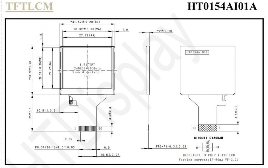 HT0154AI01A 1.54寸小尺寸正方形液晶屏 230亮度 240*240分辨率 IPS型全视角液晶屏 20pins CPU/SPI接口 ...