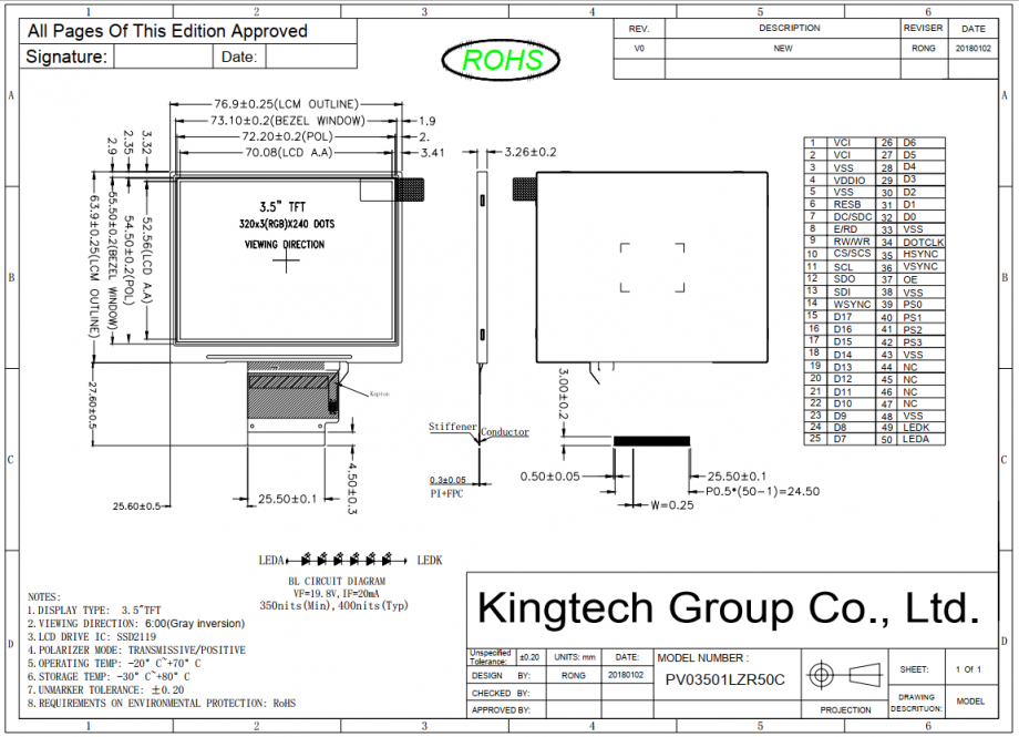 PV035012H0554M 3.5-inch horizontal screen, 320x240, 24-bit RGB ...