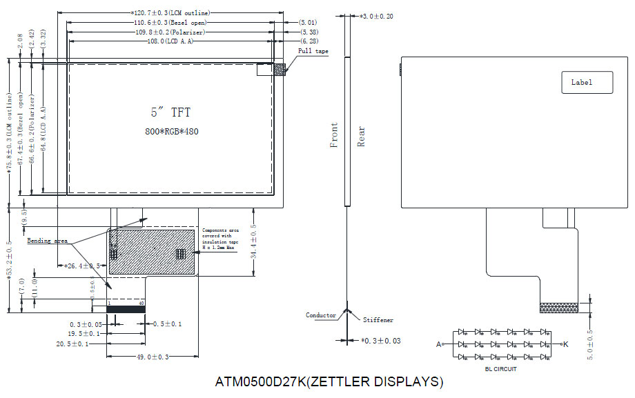 ATM0500D27K 5" TFT Module, IPS Display (Full view angle), 800 x 480 ...