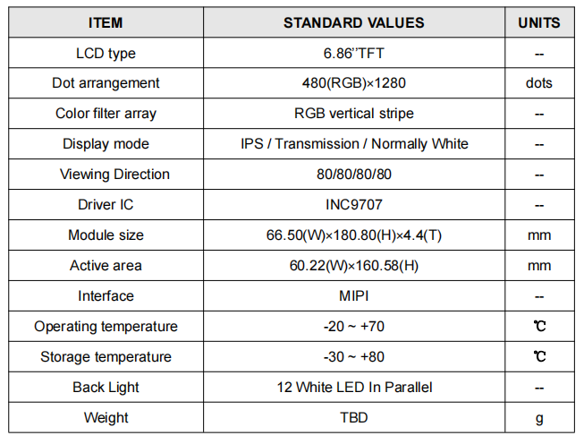 YS-T068602 V1.0 亿显国际 6.86寸480*1280 500亮度 40PIN MIPI INC9707 可配触摸( 工业、家电、汽车、玩具、医疗类用TFT液晶显示屏) | 深圳 ...