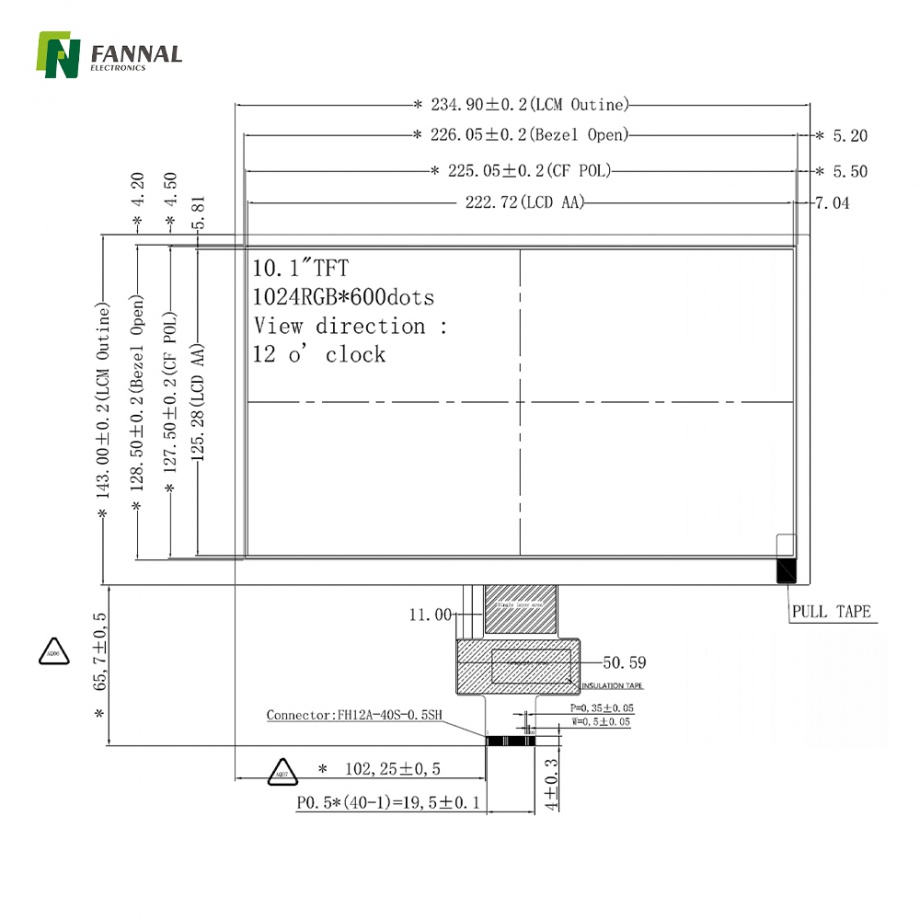 FN1010D024A 10.1寸TFT液晶显示屏 1024x600 TN液晶屏 400亮度 40PINS LVDS 工业液晶屏 | 杭州凡诺 ...