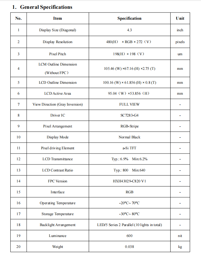 HXH43029-C820-S783-Y2 4.3英寸TFT液晶显示屏 480*272 600亮度 40 PINS RGB SC7283-G4 ...